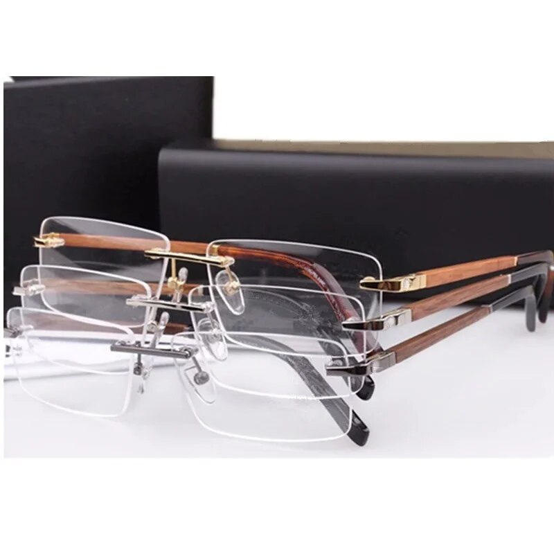 Lightweight Wooden Leg Rimless Glasses Frame for Men 56-17-140 Titaniu ...