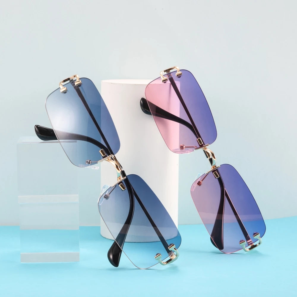 2023 blue rectangle frameless sunglasses men's metal small square sung ...