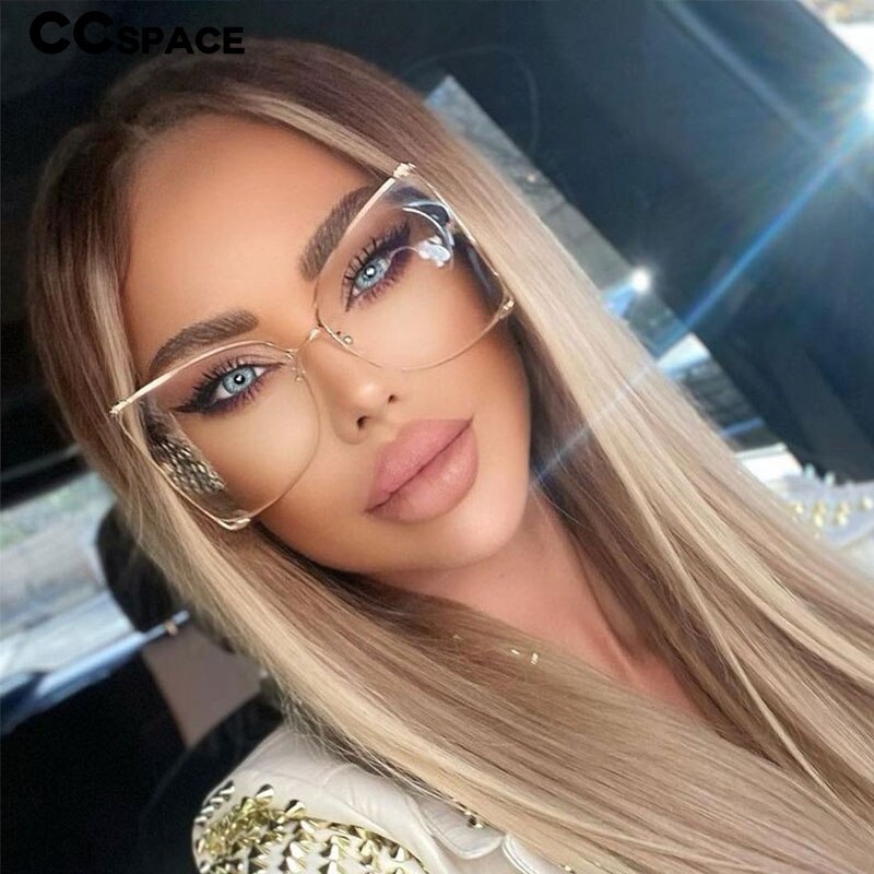 45476 Transparent Lens Big Suqare Glasses Frames For Women Metal Gold ...