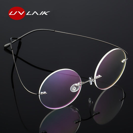 UVLAIK Steve Jobs Round Titanium Glasses Frames Men Rimless Optical Pr ...